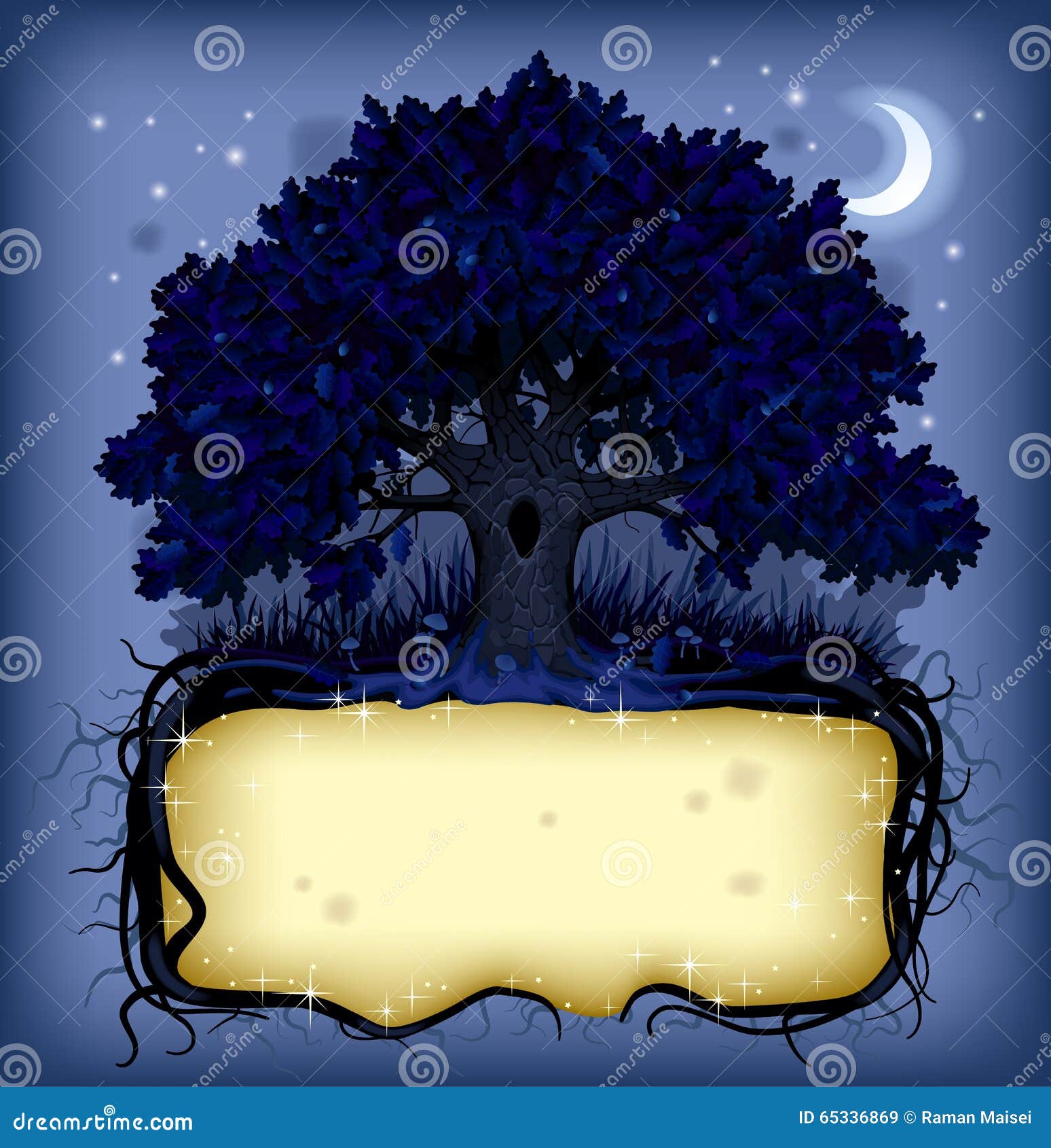 Night Oak Tree Wih a Banner Stock Vector - Illustration of season, sign ...