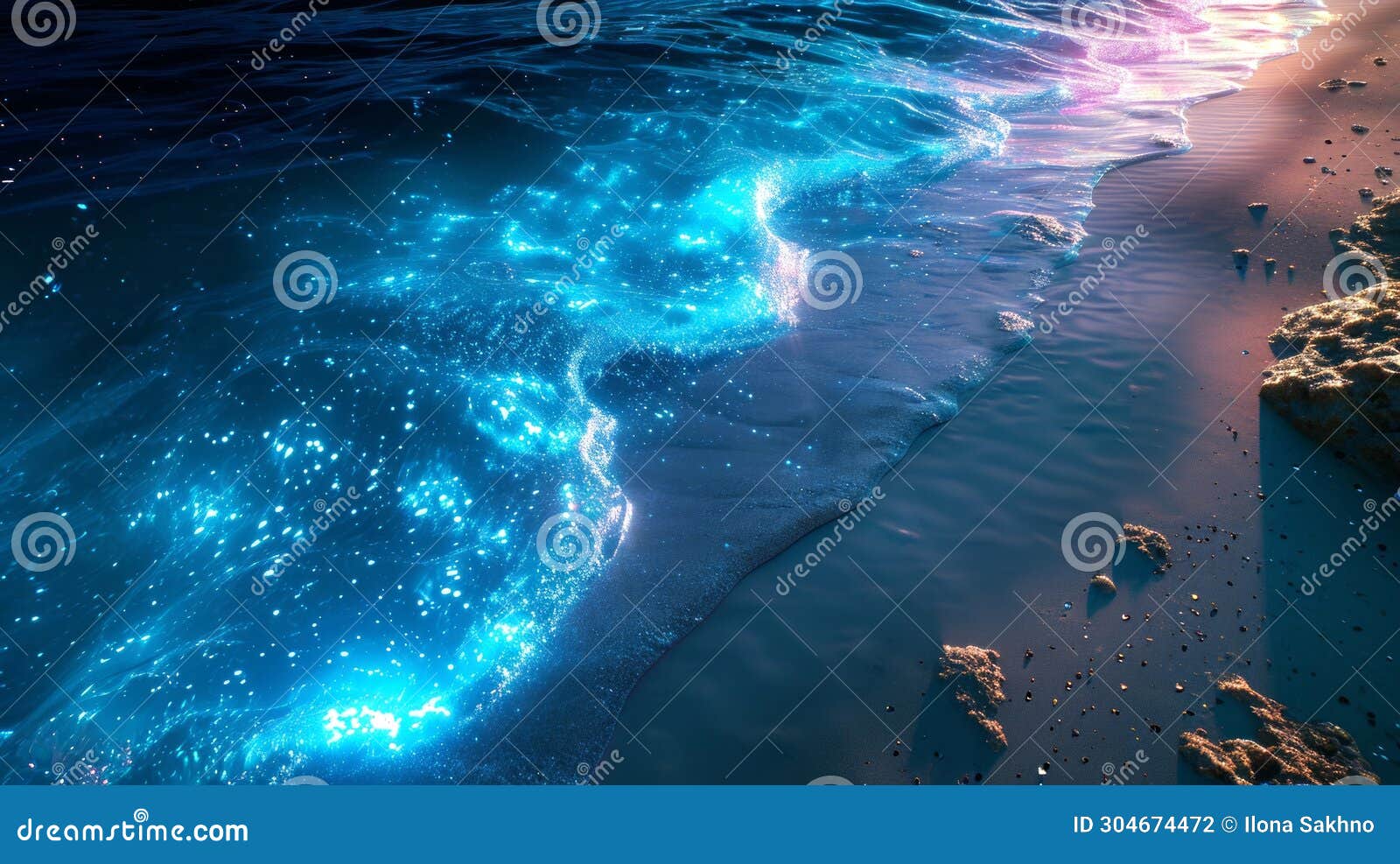 Night Ocean in Moonlight, Fluorescent Ocean, Moonlight, Sparkling Stars ...