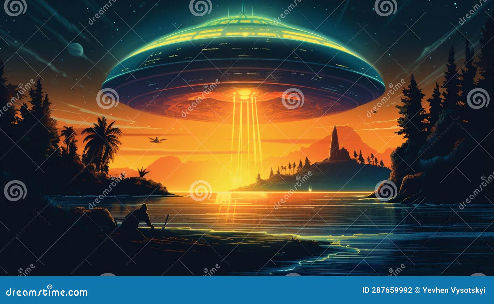 Night Ocean Shore. High in the Sky Large UFO Full Scre_008 Stock ...