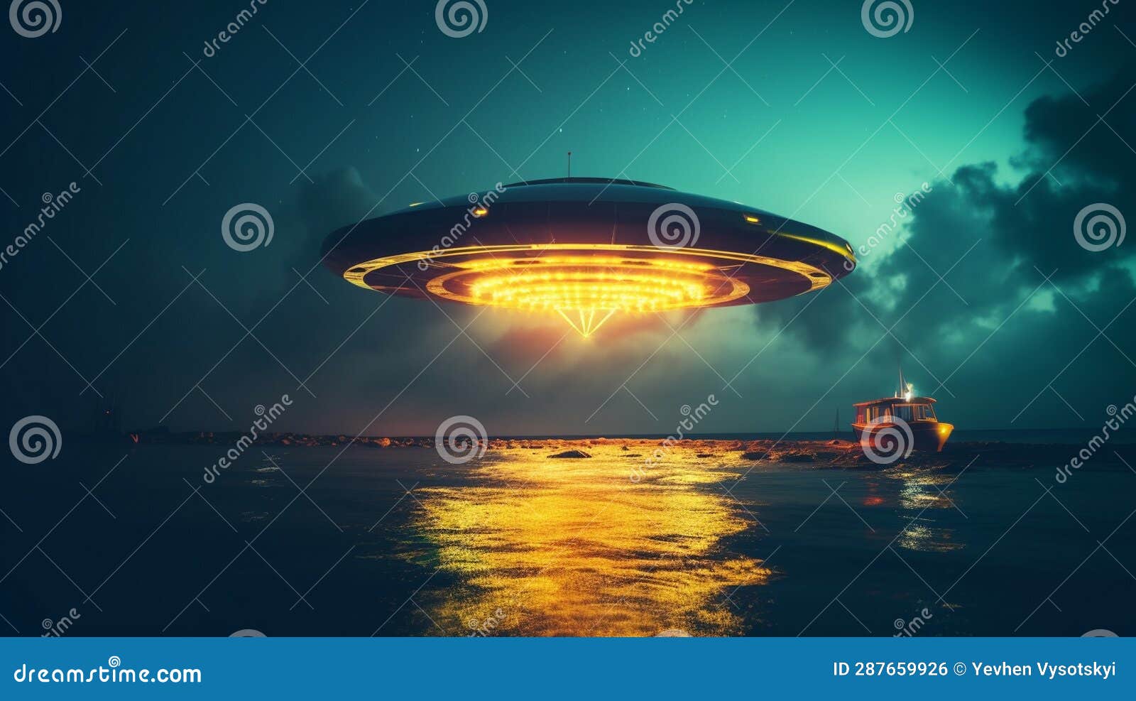 Night Ocean Shore. High in the Sky a Big UFO Full of Lights Stock ...