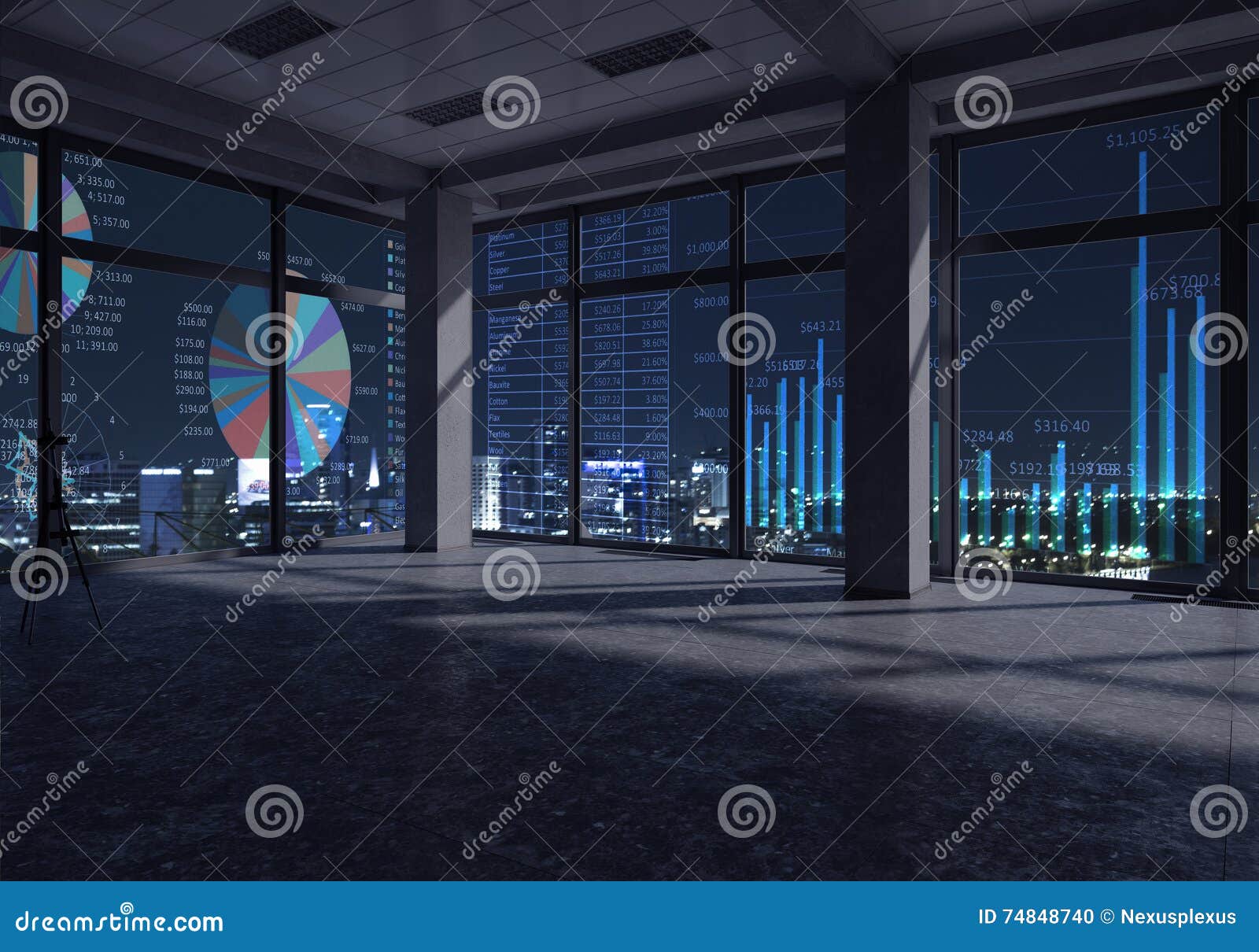 Night Office Interior . Mixed Media Stock Photo - Image of landscape ...