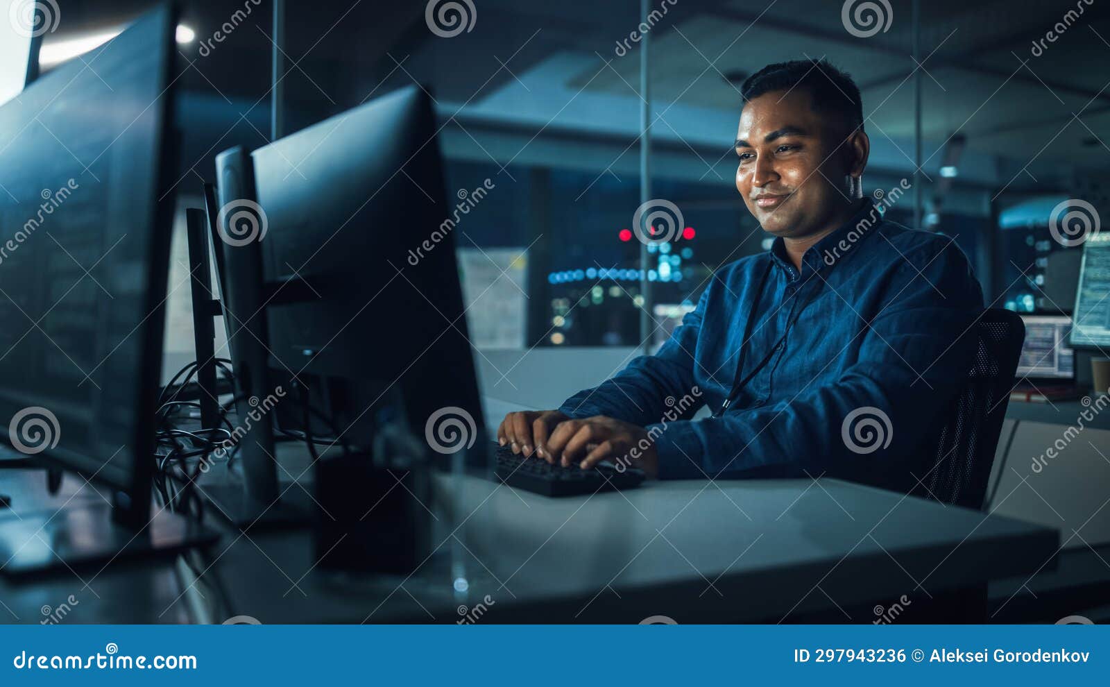Night Office: Portrait of Handsome Indian Man in Working on Desktop ...