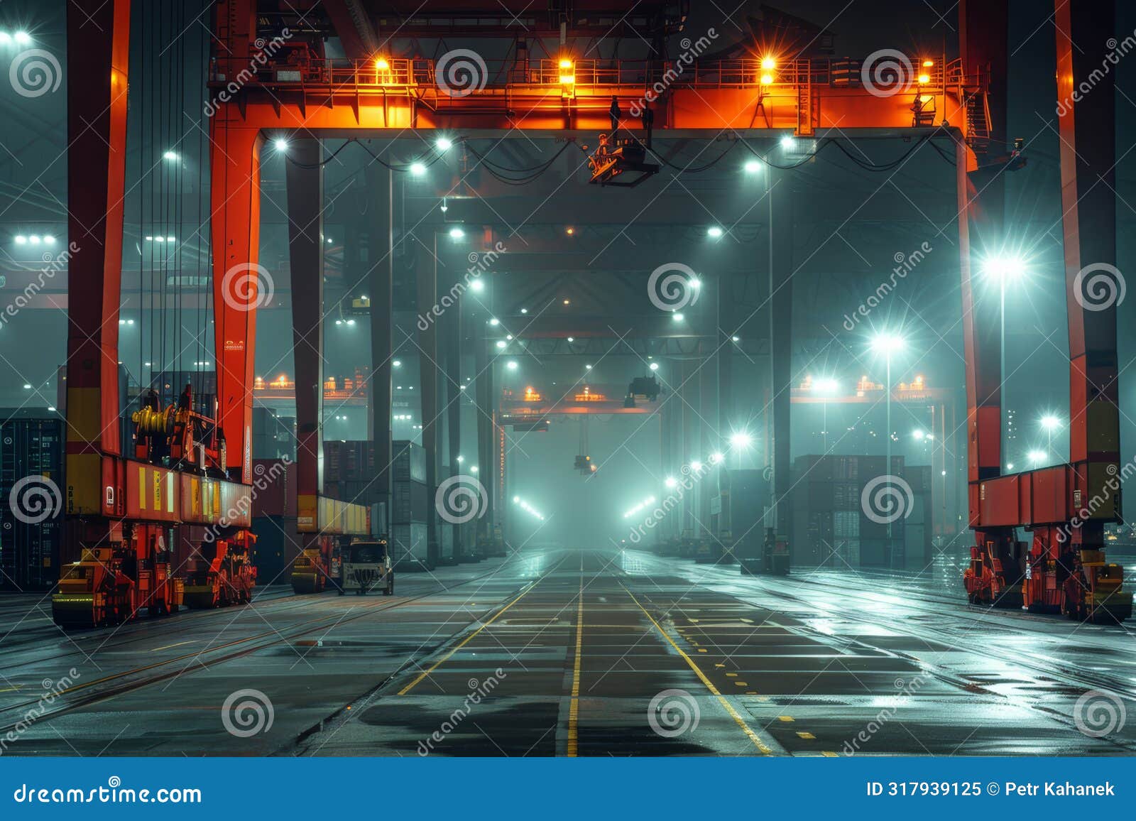 Night Operations at a Container Terminal, Showcasing Vibrant Lighting ...