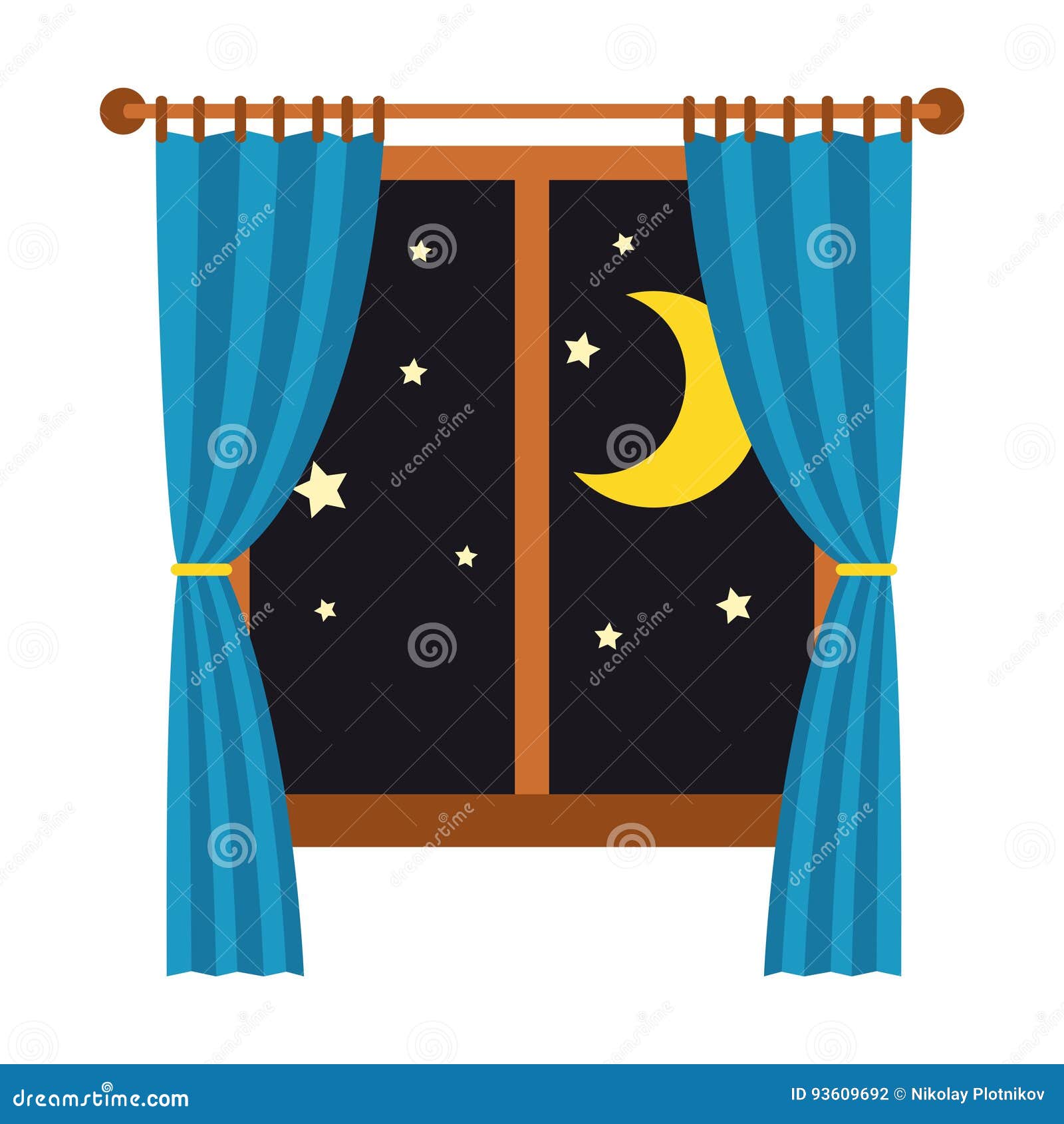 Night Out the Window with Blue Curtains Isolated on White Background ...