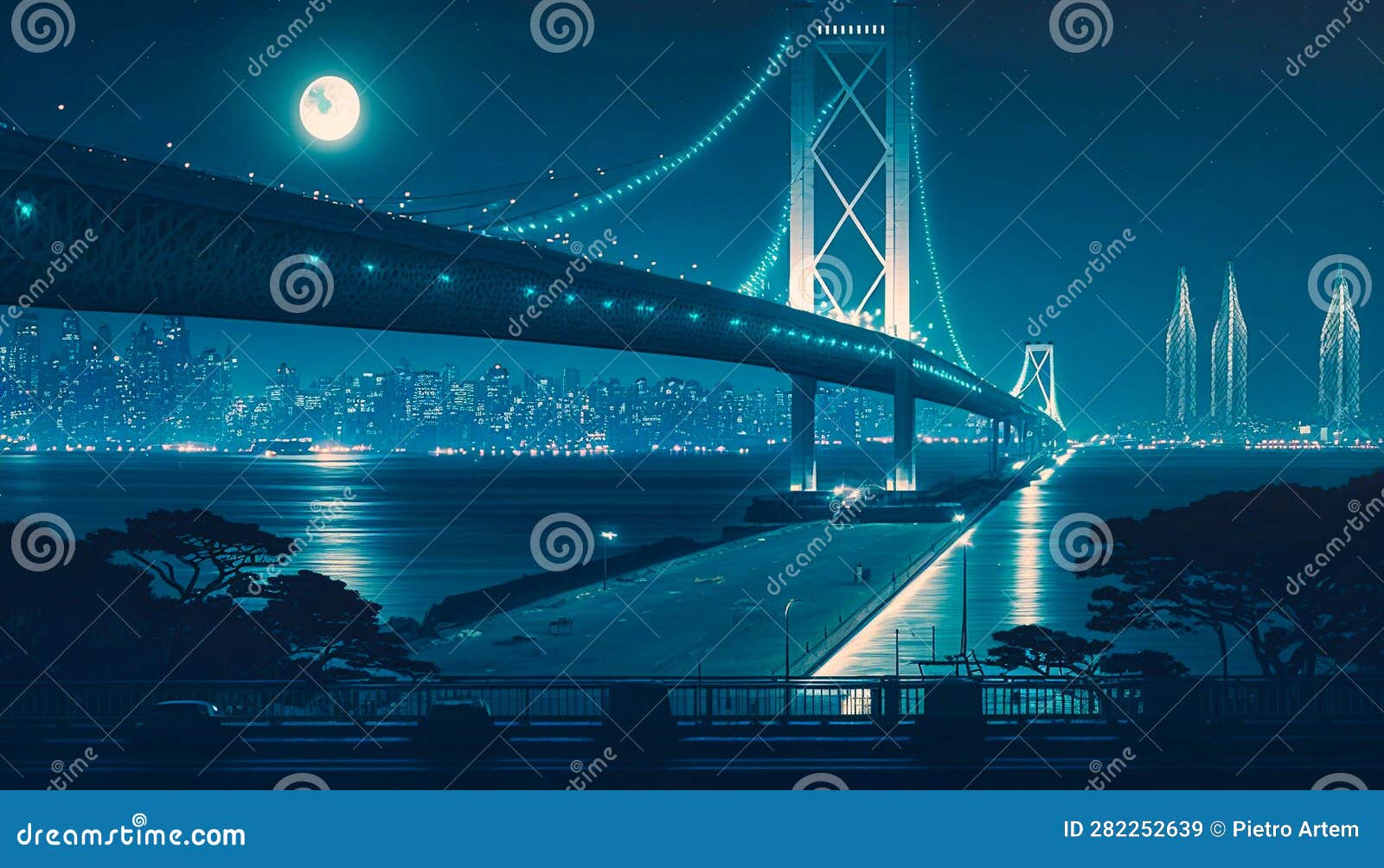 Night Overlook of Tokyo Google Maps 4 Bridge Sea, Generative AI Stock ...