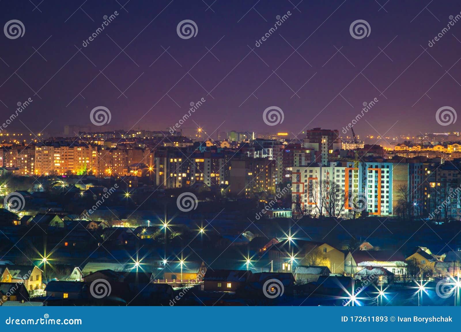 Night Panorama of the City in Winter Stock Image - Image of church ...