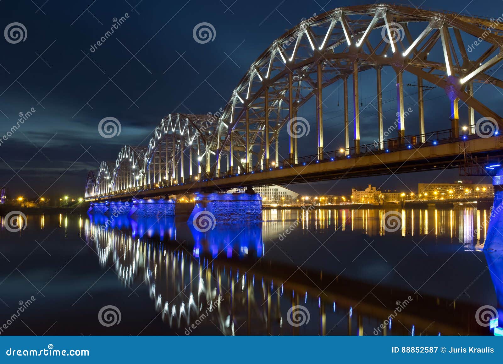 Night Panoramic Scene with Railway Bridge in Riga. Stock Image - Image ...