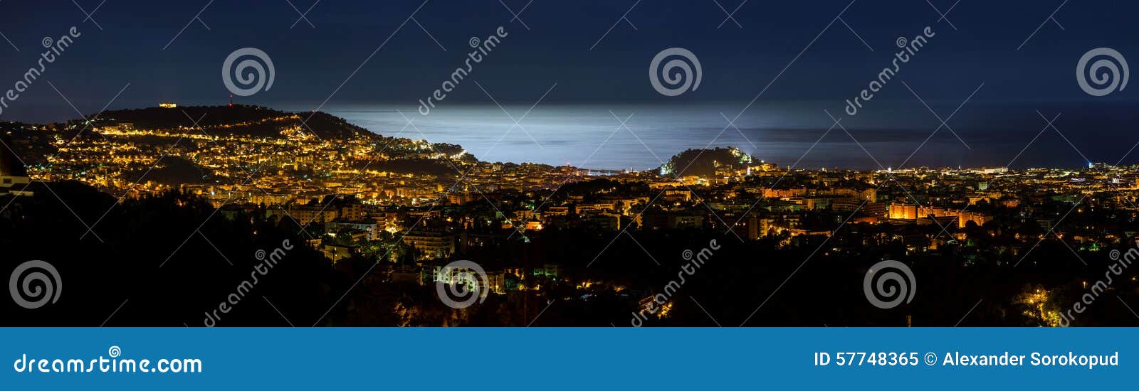 Night Panoramic View of Nice with Moon Light on the Sea Water Stock ...