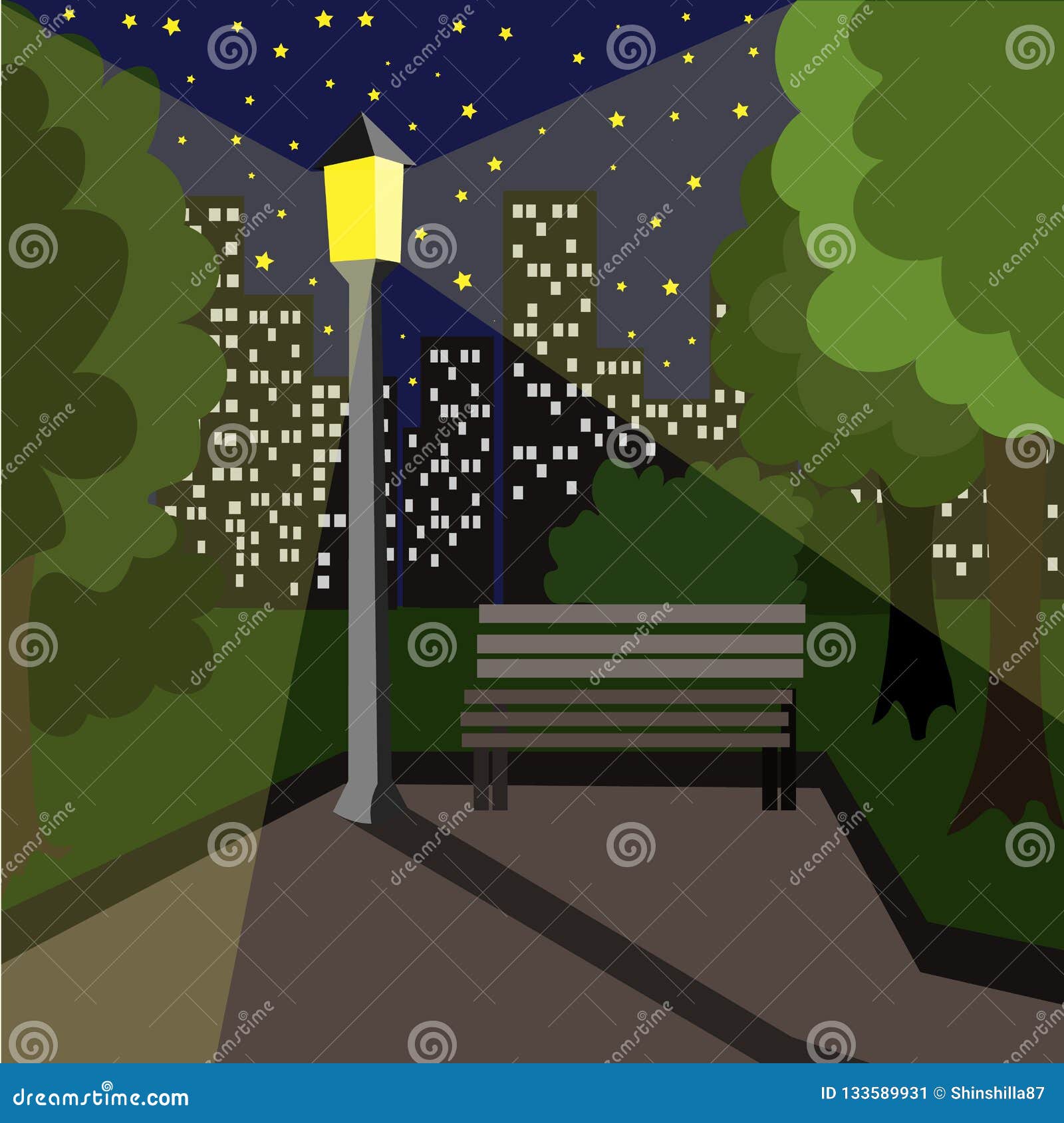 Night Park and Street Lamp. Illustration in Flat Style. Stock Vector ...
