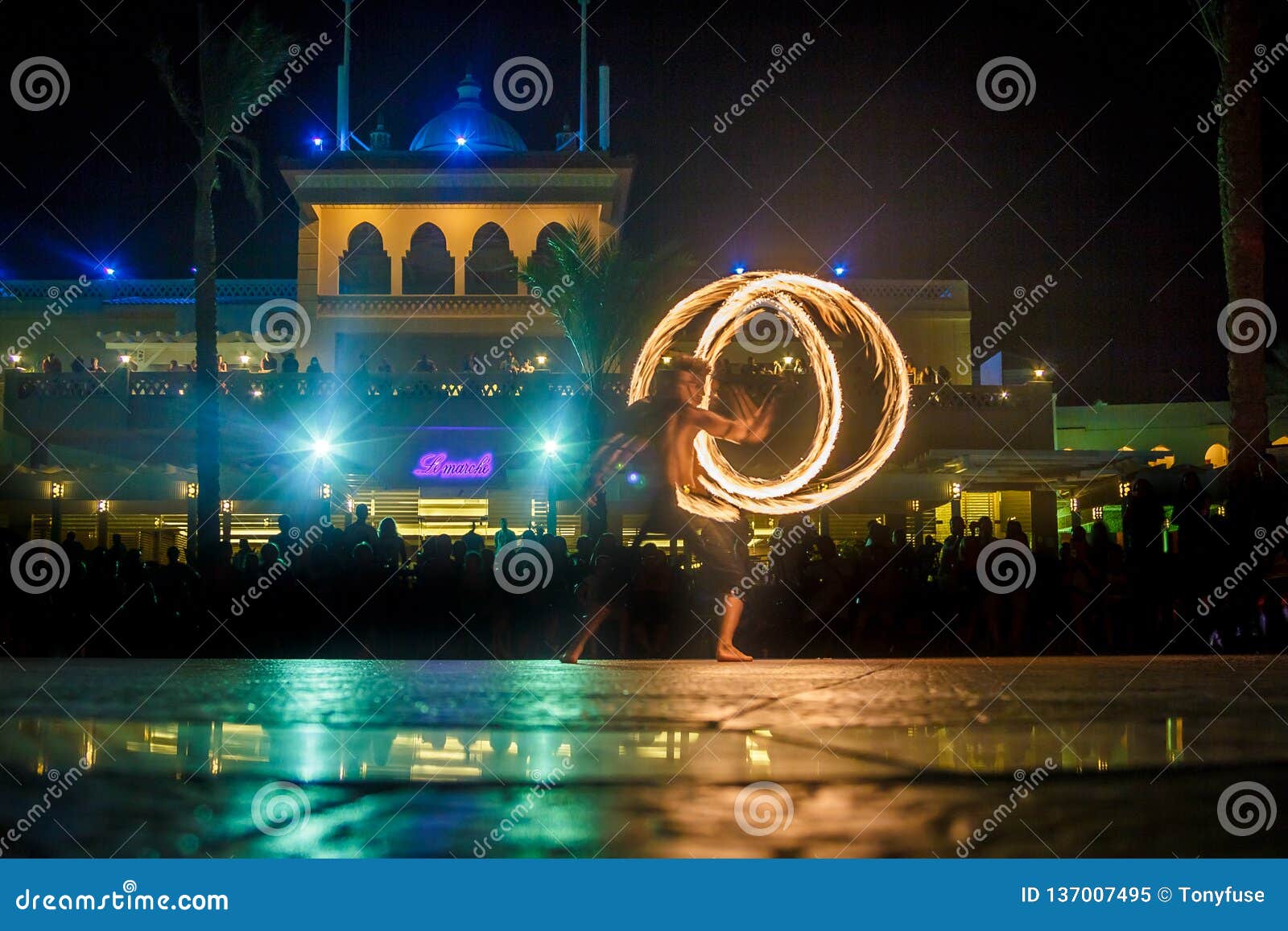 Night Performance Fire Show in Front of a Crowd of People Editorial ...