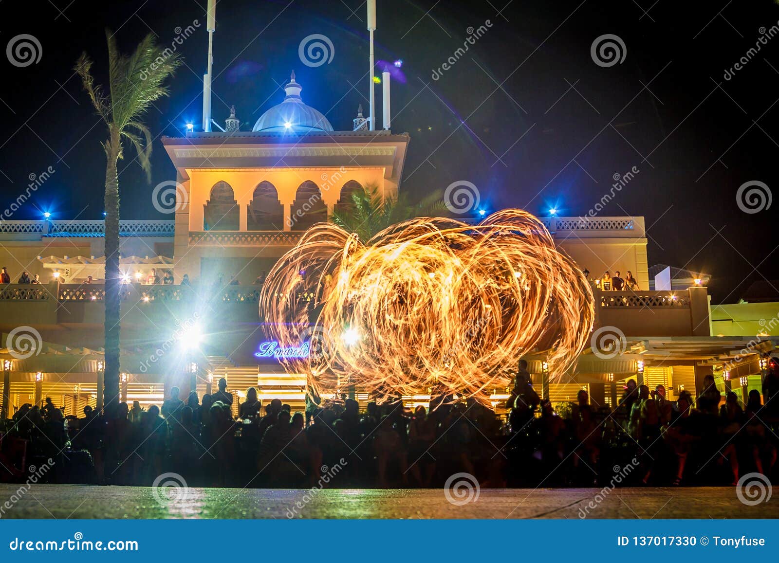 Night Performance Fire Show in Front of a Crowd of People Stock Photo ...