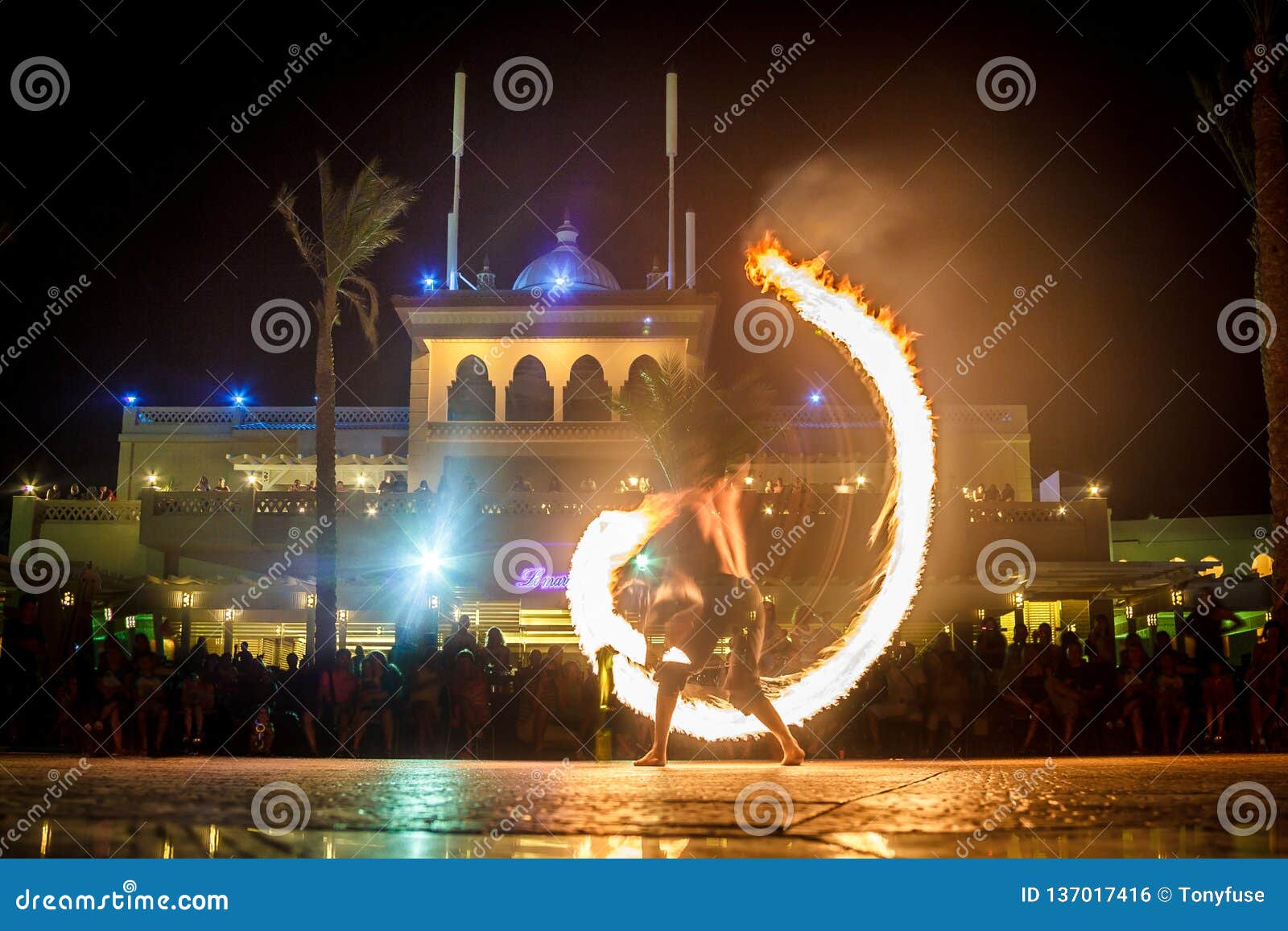 Night Performance Fire Show in Front of a Crowd of People Editorial ...