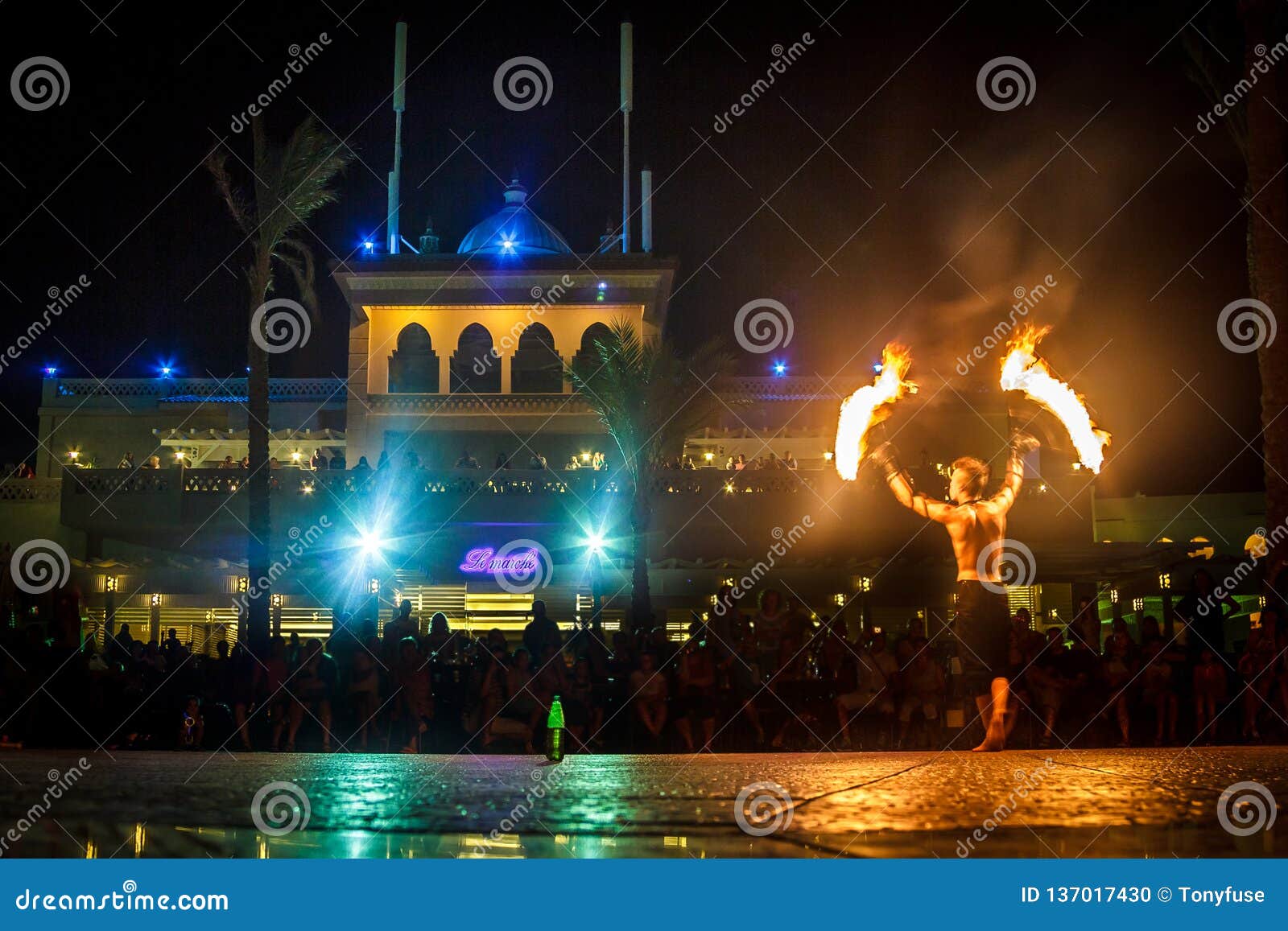 Night Performance Fire Show in Front of a Crowd of People Editorial ...