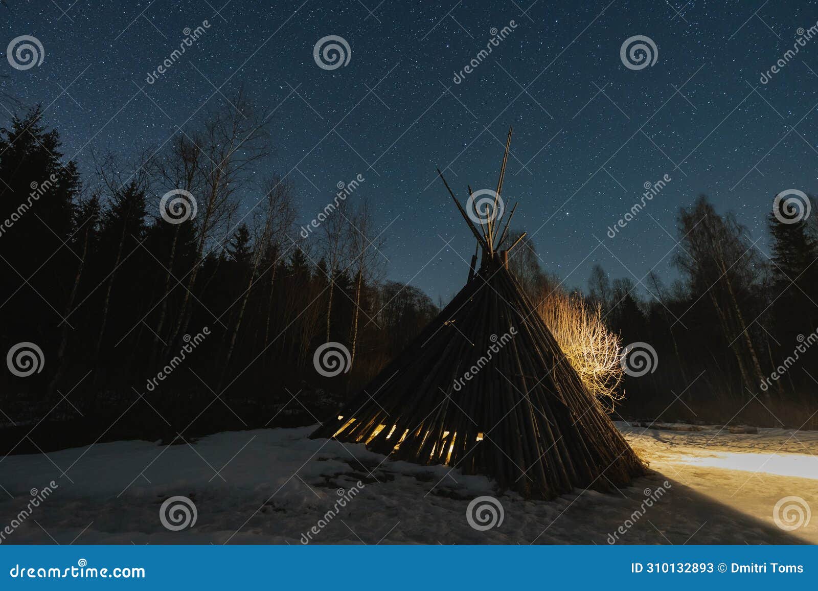 Night Photo in Nature, a Hut in the Forest from Which Light Comes ...