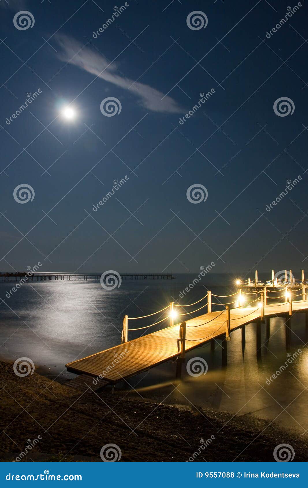 Night pier stock photo. Image of coast, beach, moon, lights - 9557088