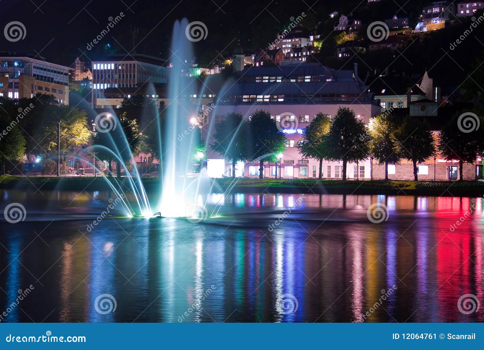 Night Pond with Fountain in Bergen, Norway Stock Image - Image of ...