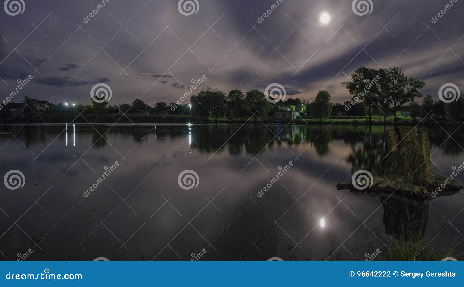 Night on the pond stock photo. Image of clouds, trees - 96642222