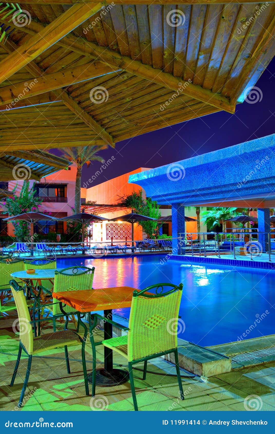Night pool and cafe table stock photo. Image of beauty - 11991414
