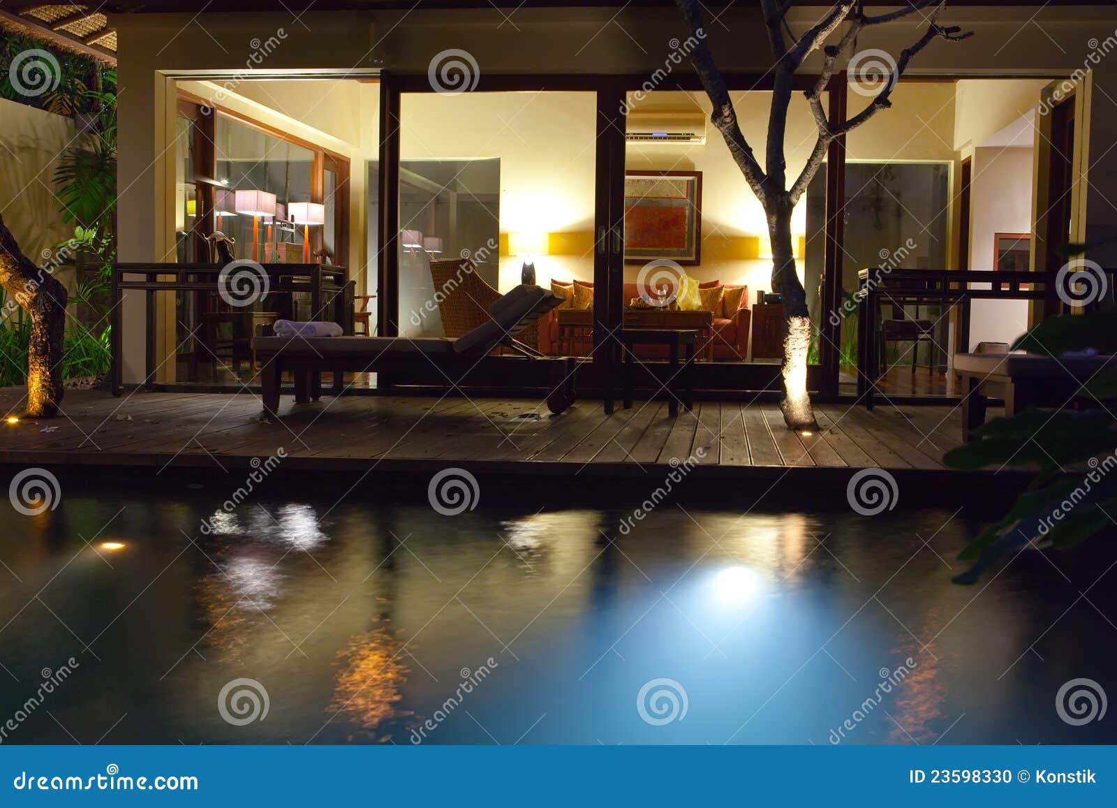 Night Pool and Terrace for Rest Behind Stock Photo - Image of house ...