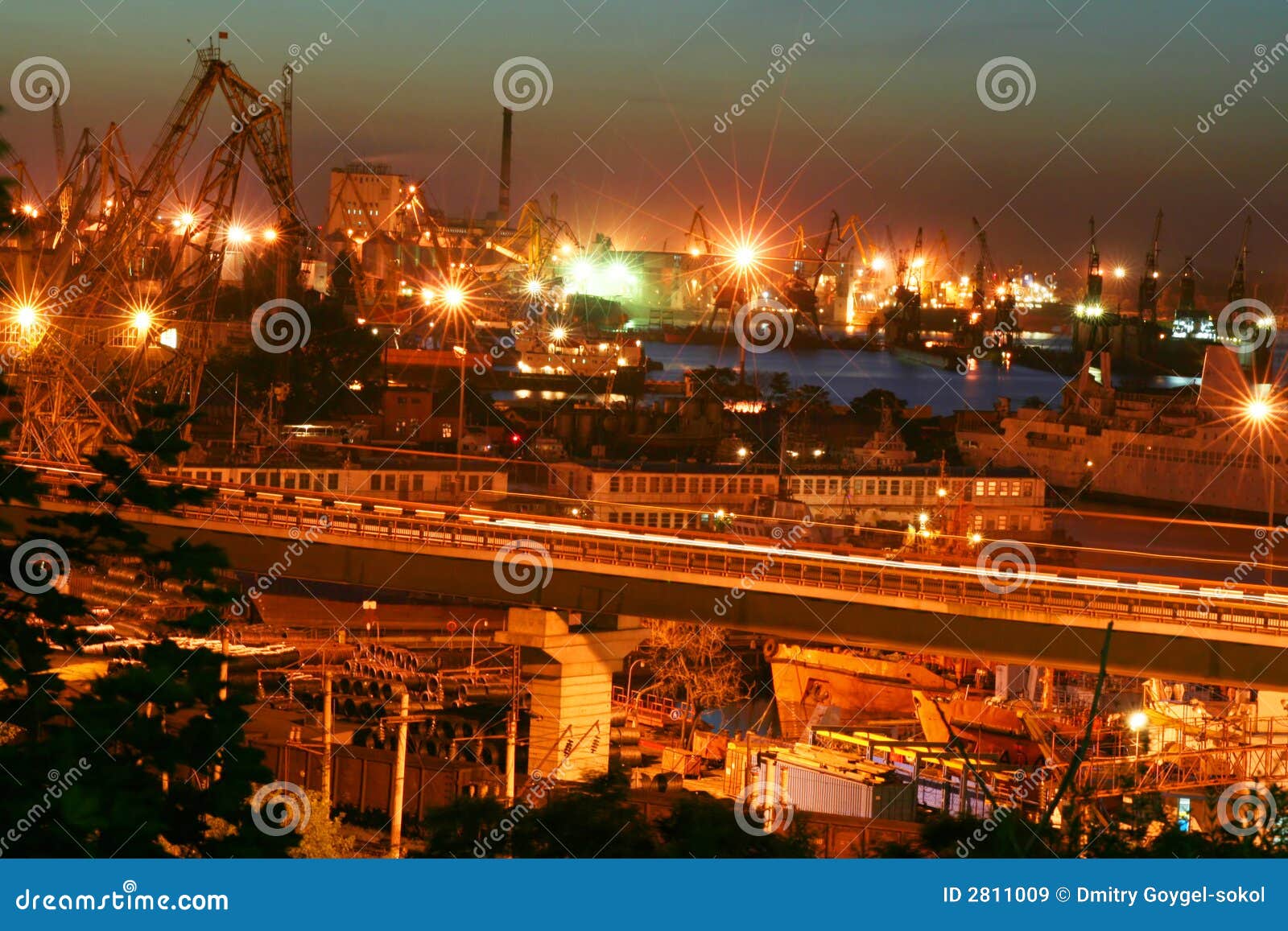 Night Port Scene with Cranes Stock Image - Image of illuminated ...