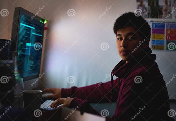 Night, Portrait and Man with Computer for Coding Systems or Designing Software, Cybersecurity ...
