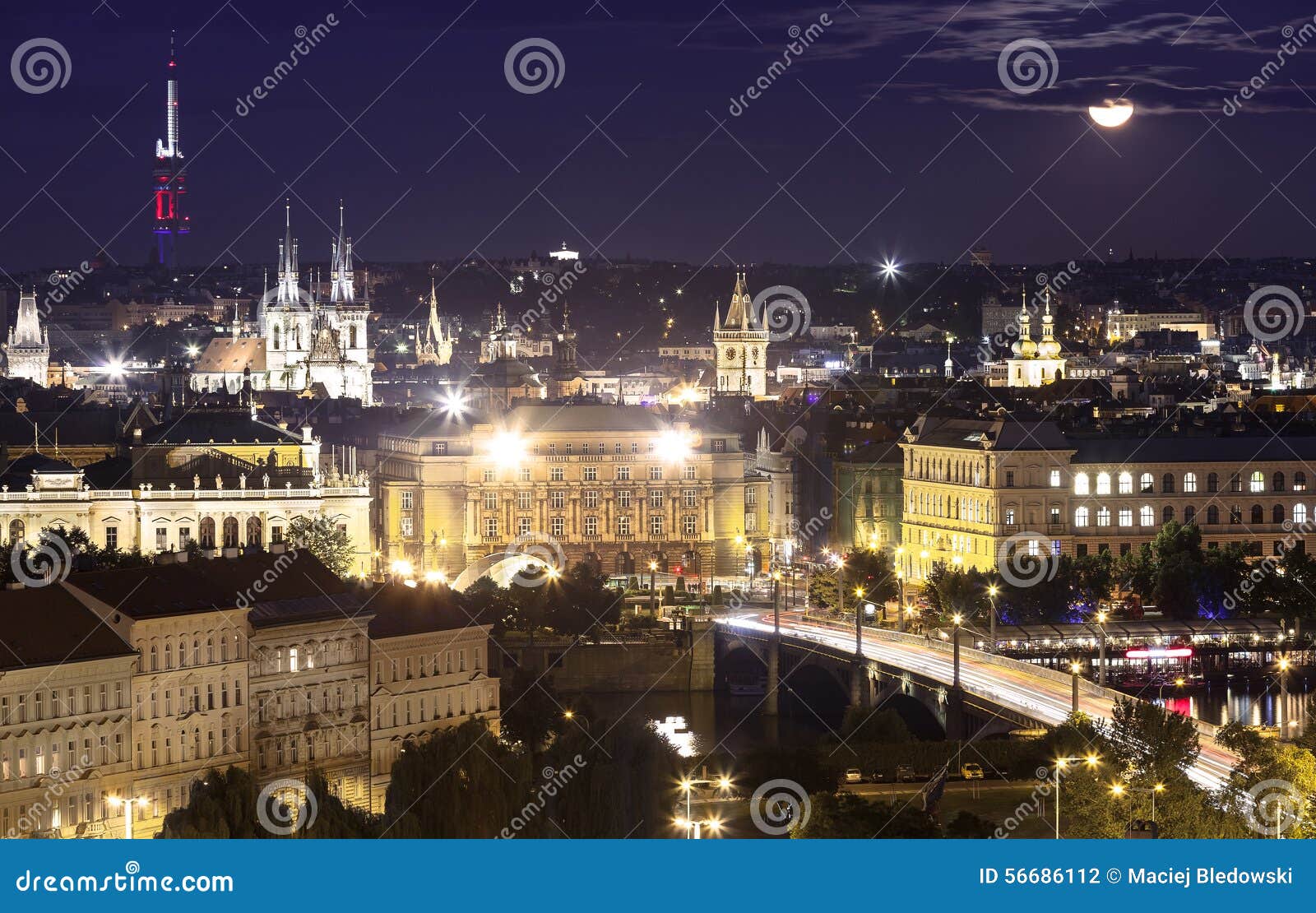Night Prague Cityscape at Full Moon Stock Photo - Image of bohemia ...