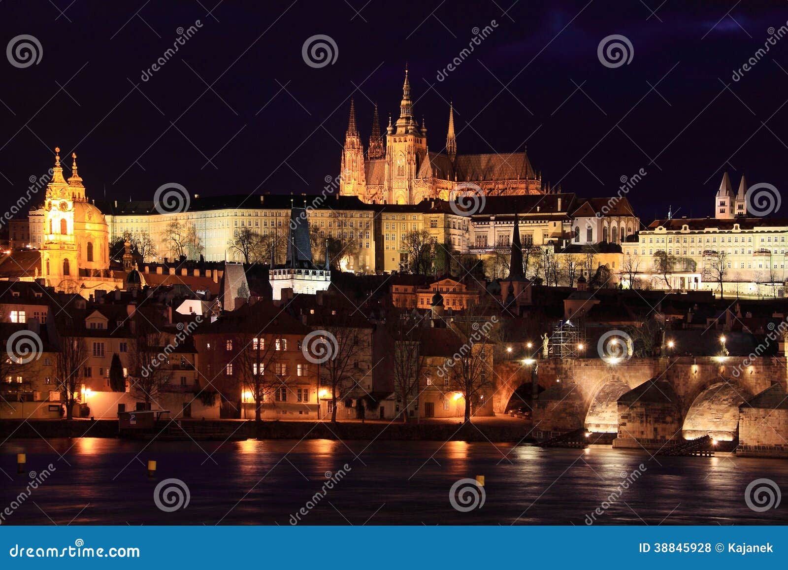 Night Prague Gothic Castle with Charles Bridge Stock Photo - Image of ...