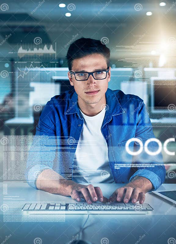 Night Programmer And Portrait Of Man Typing And Overlay Of Interface