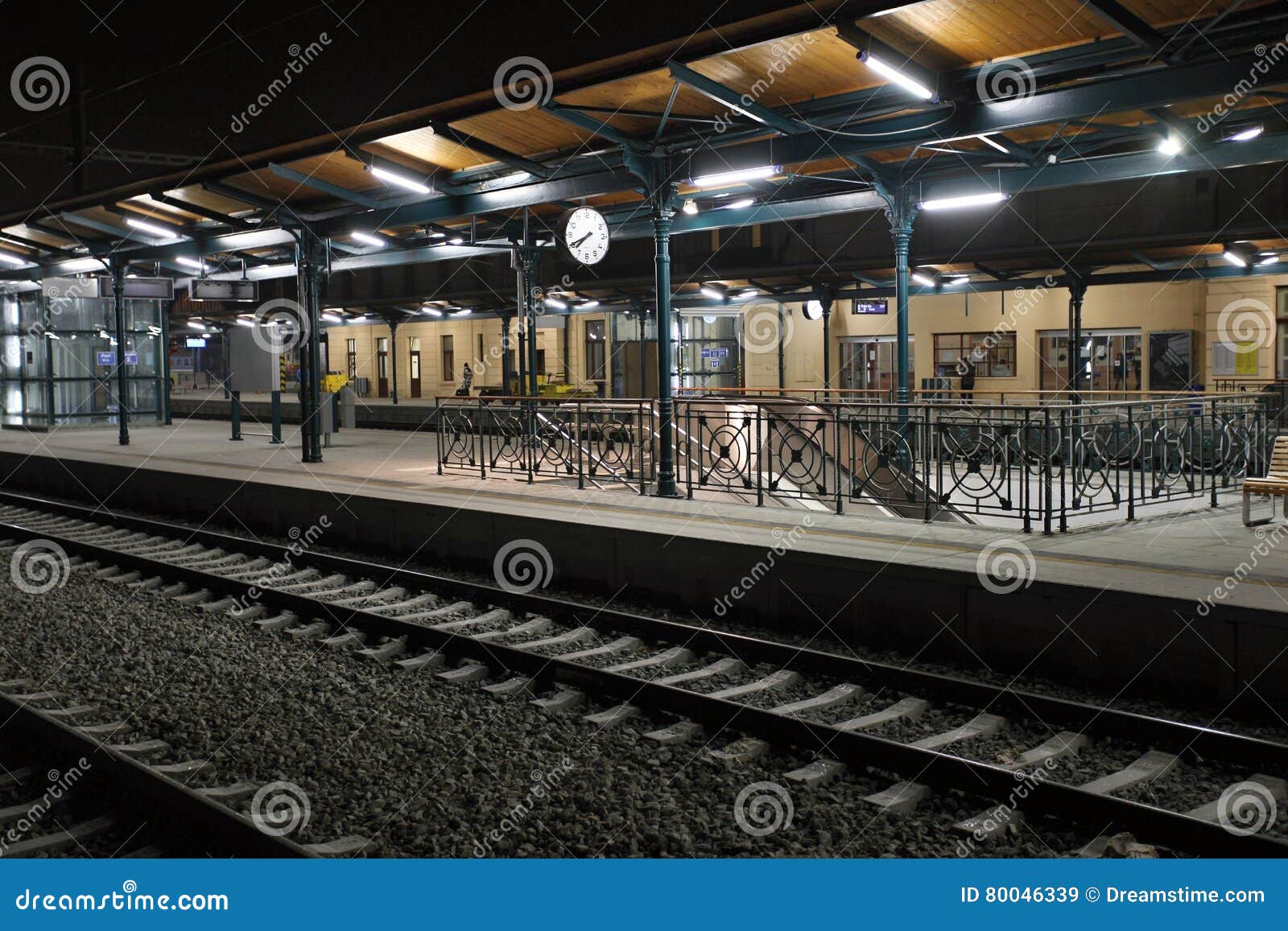 Night Railway Platform on Passenger Train Station Stock Image - Image ...