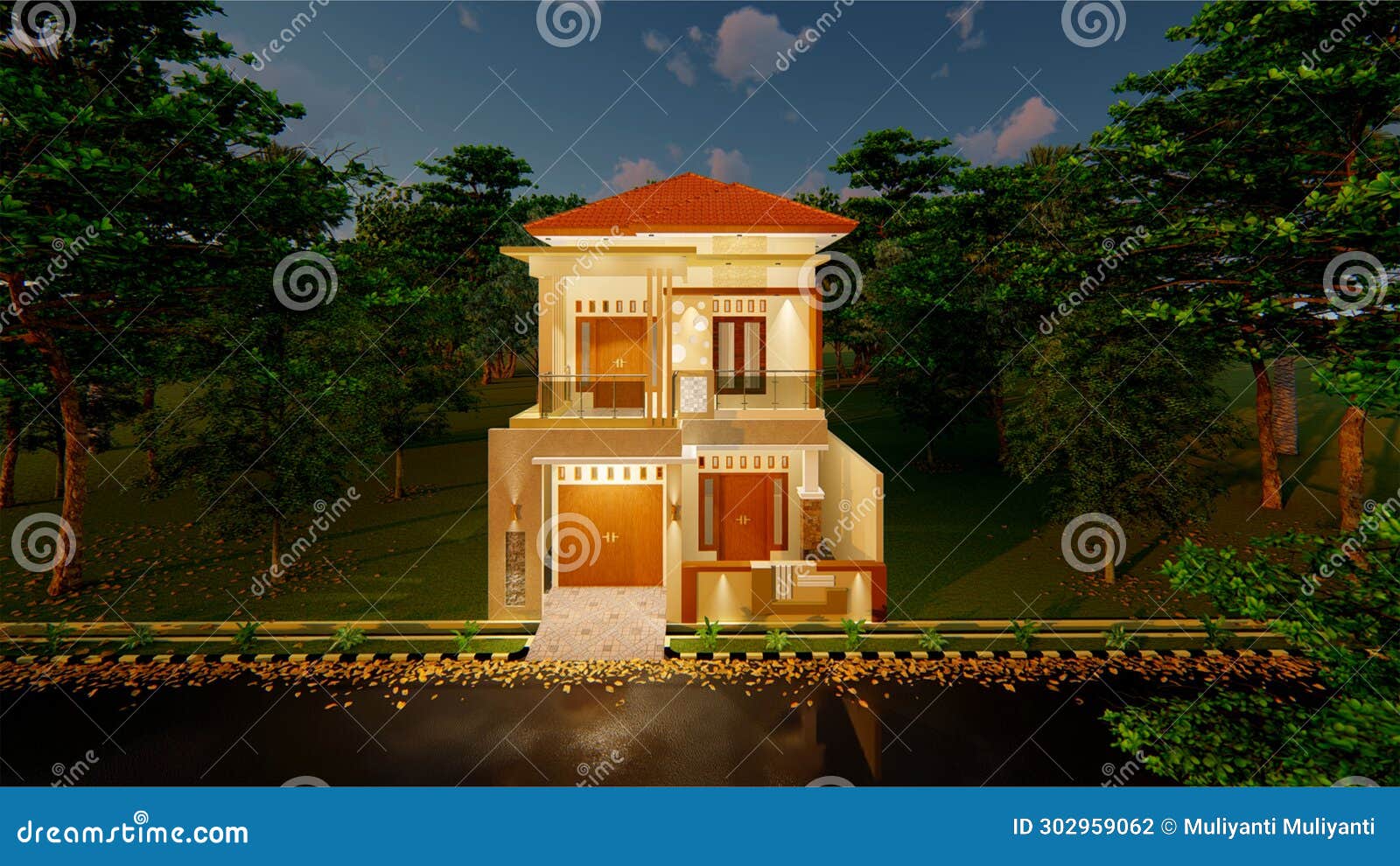 Night Render Perspective Of 2 Story Boarding House Stock Photography ...
