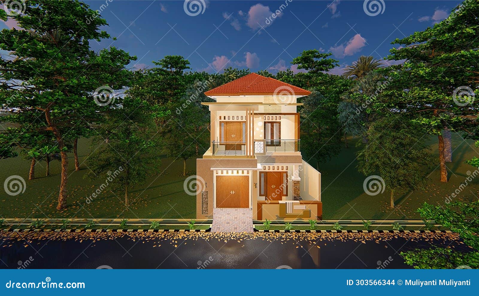 Night Render Front of 2 Story House 1 Stock Illustration - Illustration ...
