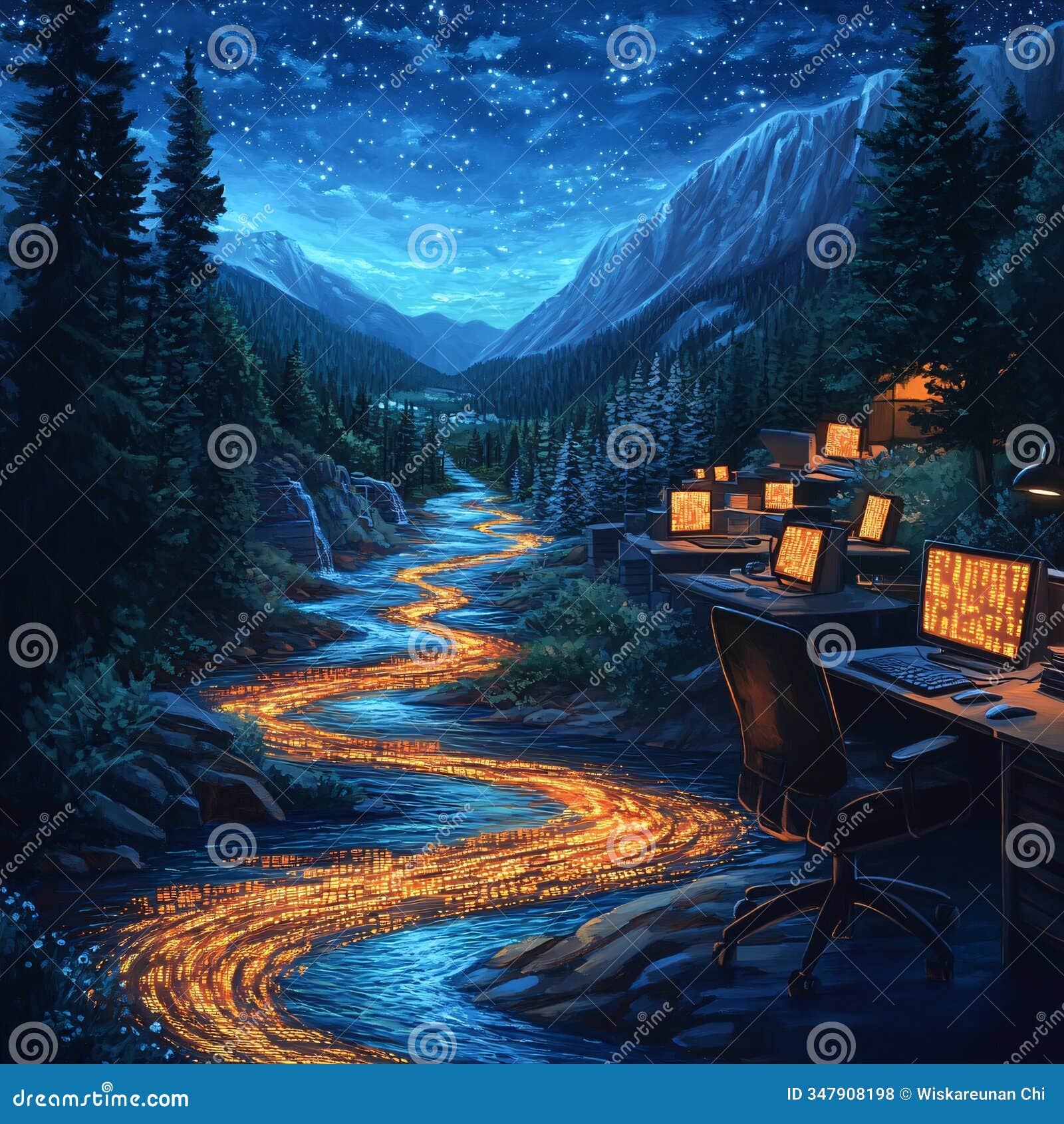 Night River of Code Digital Data Stream in Mountain Valley AI Generated ...