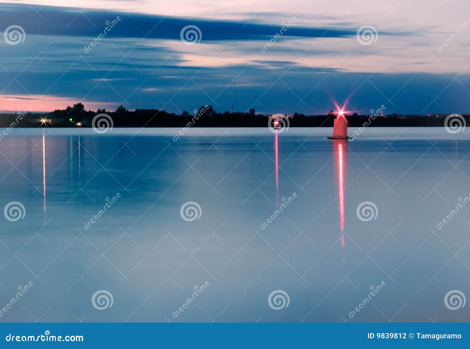 Night River Skyline with Red Lights Stock Photo - Image of buoy, water ...