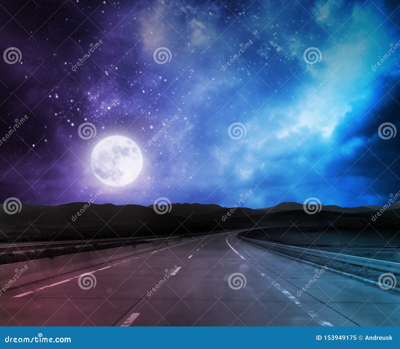 Night Road In The Fog, Highway Under The Open Starry Sky. Texture ...