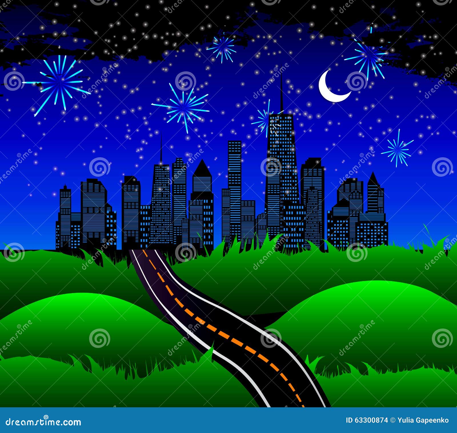 Night Road To the Town of Nature. Vector Stock Vector - Illustration of ...