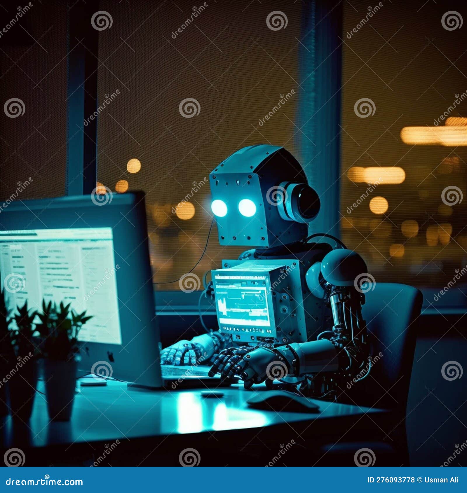 At Night the Robot is Working in the Office in Front of the Computer ...