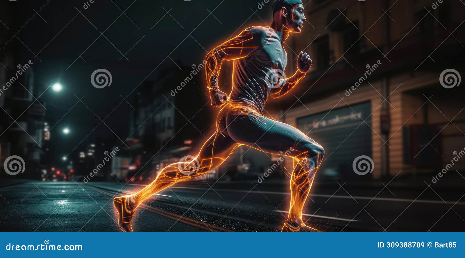 Night Running Man at His Dynamic Movement. Be Active Background ...