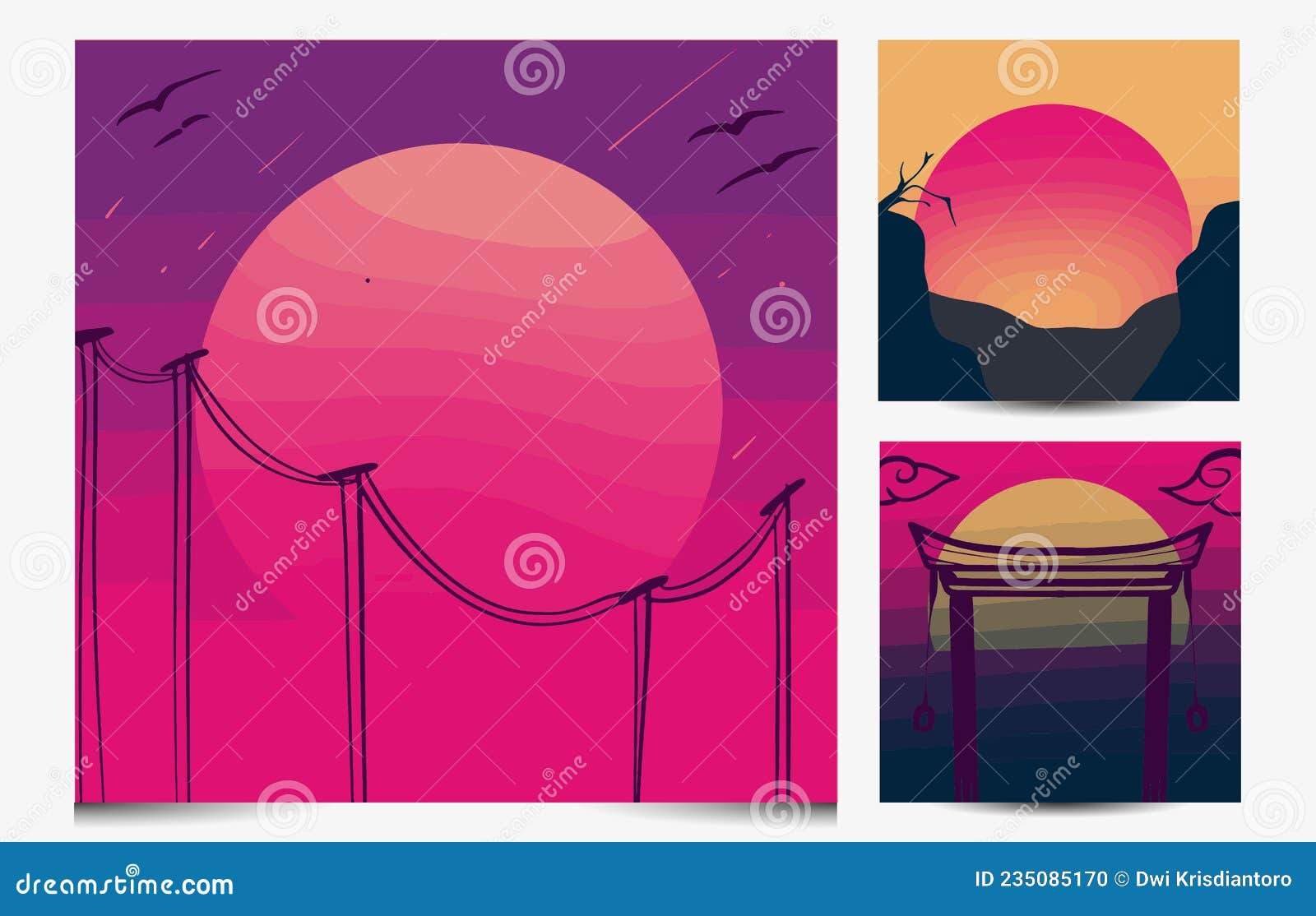 Night Scape Background Design with Red Moon Vector Illustration Stock ...