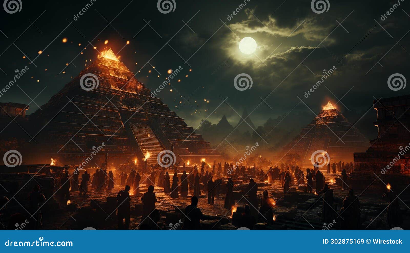 Night Scene during an Aztec Ritual Illuminated by the Bright Light of a ...