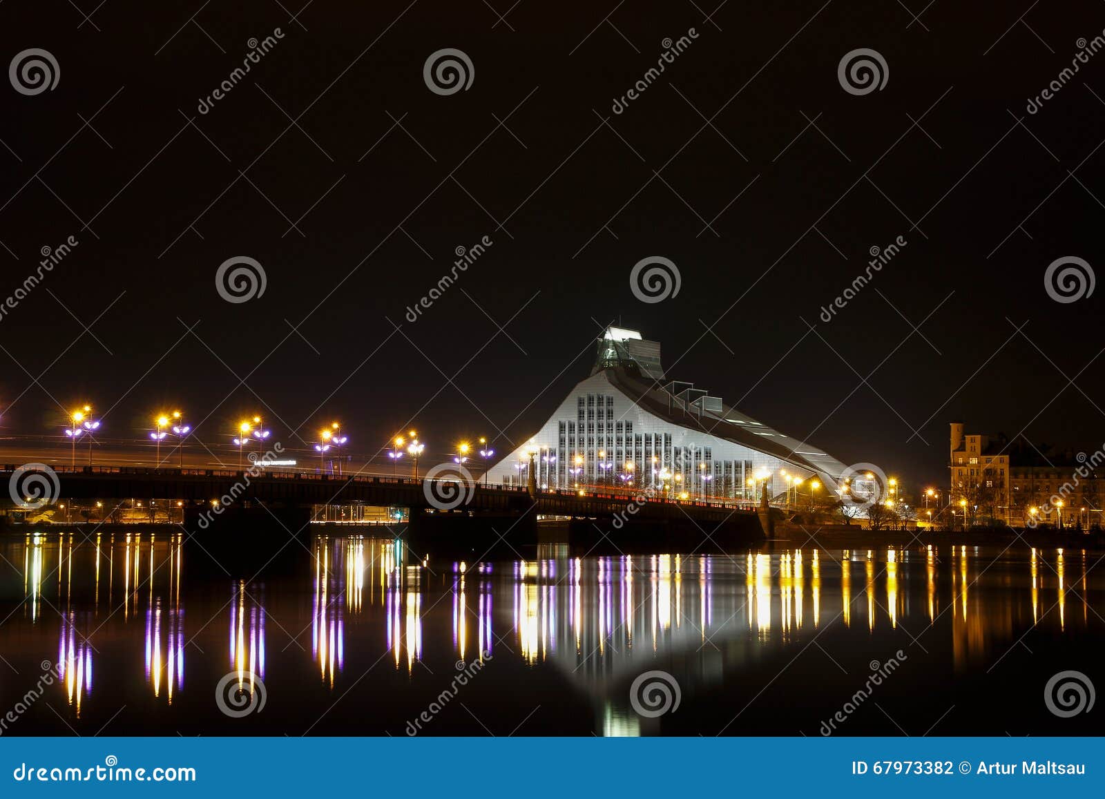 Night Scene of the Bridge and the National Library of Riga Stock Photo ...