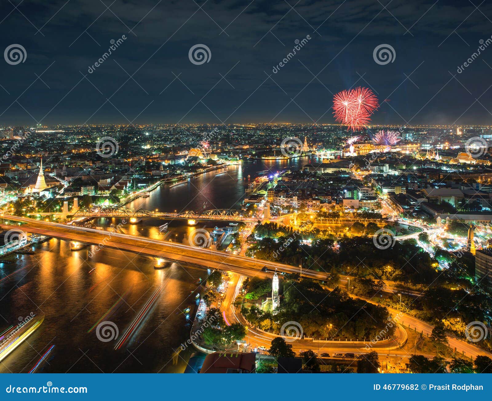 Night Scene Chao Phraya River with Fireworks, Bangkok, Thailand Stock ...