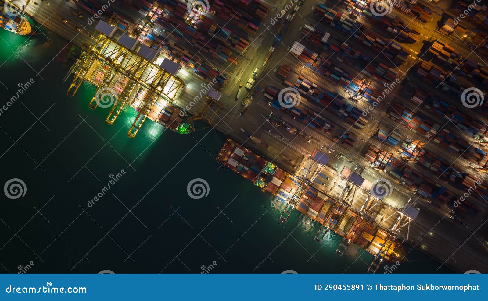 Night Scene Commercial Port Loading and Unloading Cargo from Container ...
