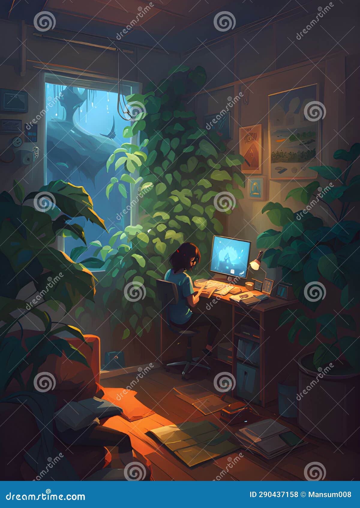 Night Scene with a Computer and a Window Stock Illustration ...