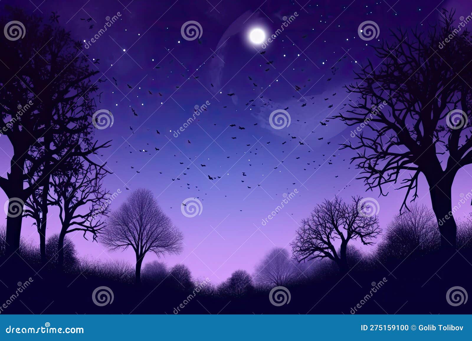 Night Scene of a Field with Trees and a Moon. Generative AI Stock Photo ...