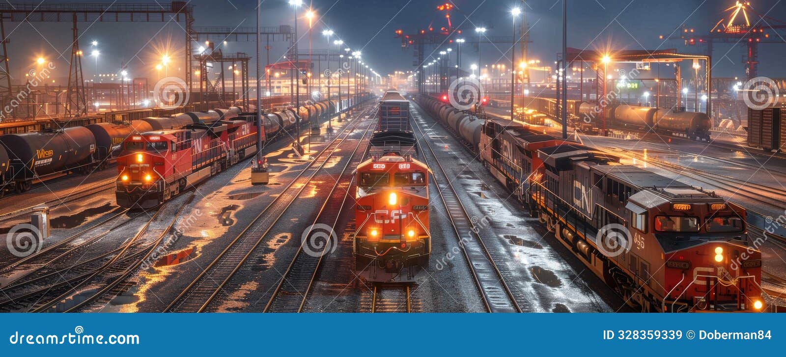 Night Scene of Freight Trains in an Illuminated Industrial Railyard ...