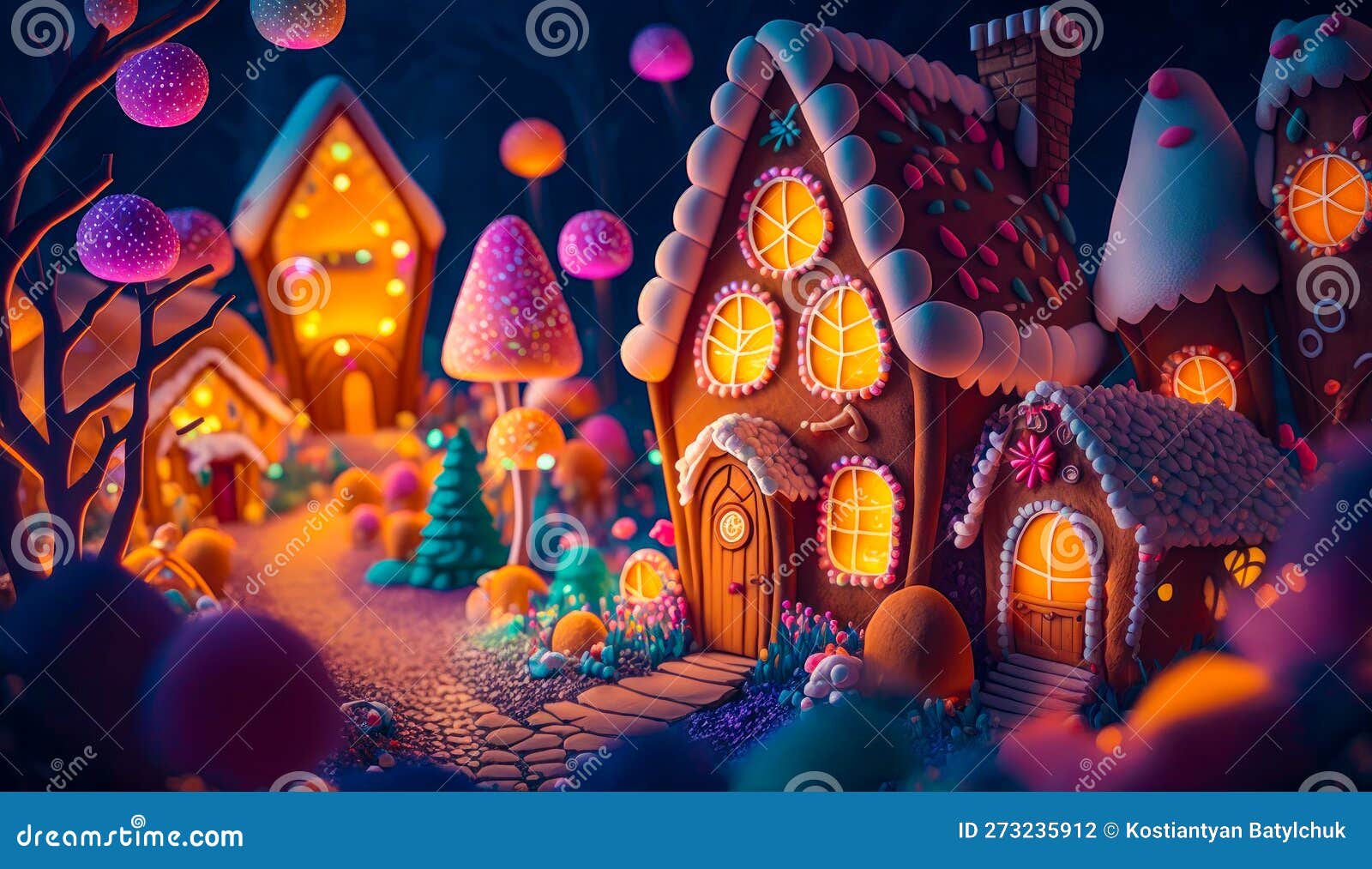 Night Scene of Gingerbread House. Generative AI Stock Illustration ...