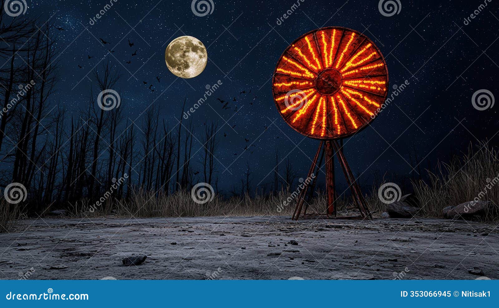 Night Scene with a Glowing Windmill Full Moon and Dark Silhouettes of ...