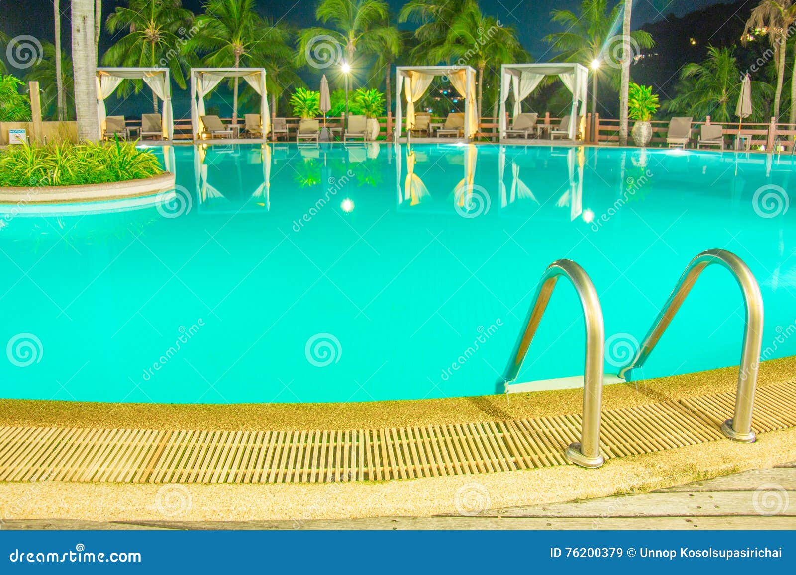 Night Scene of the Green Swimming Pool with Reflecting Water Stock ...