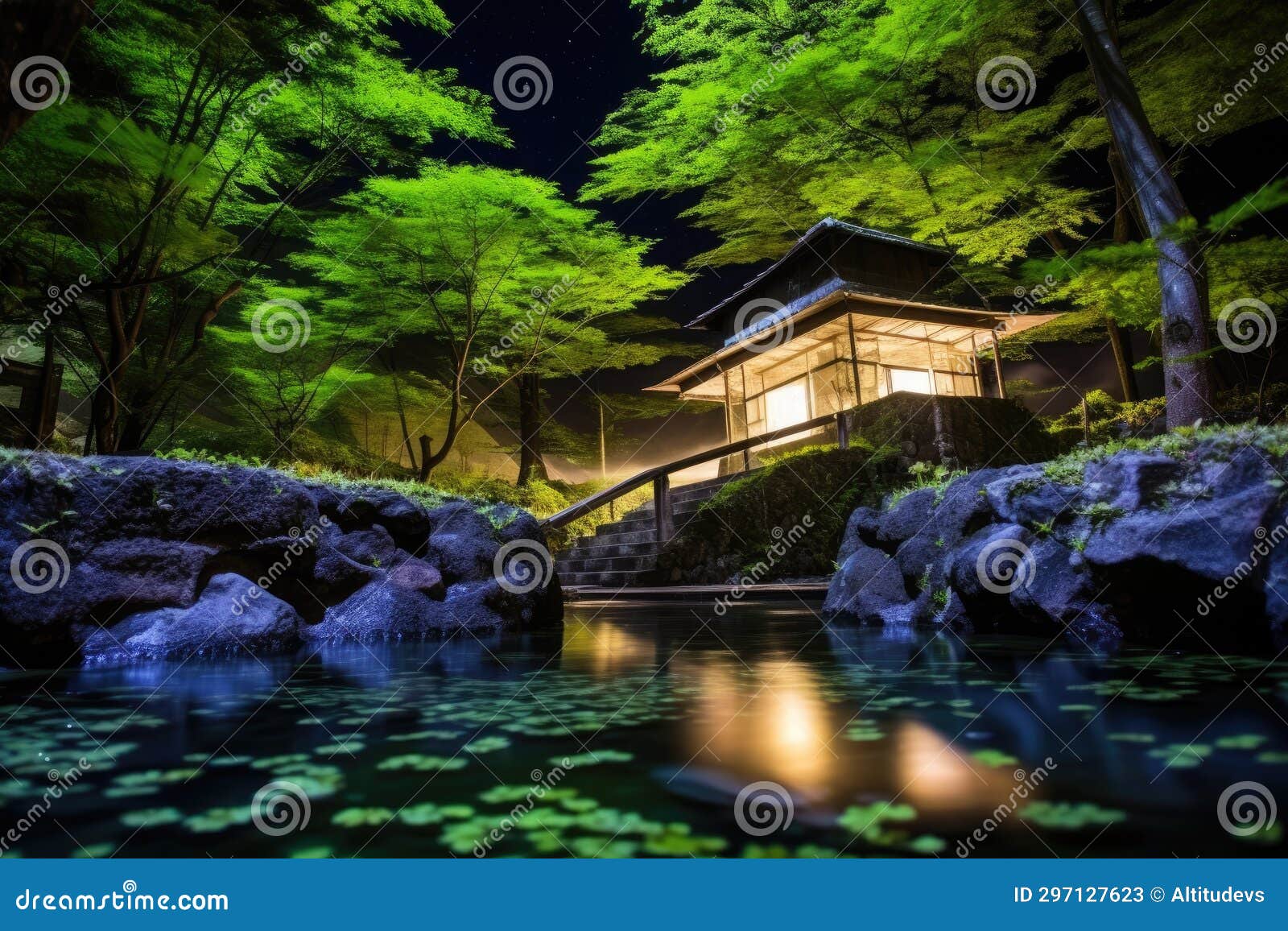 Night Scene of a Hot Spring with Floating Leaves Stock Image - Image of ...