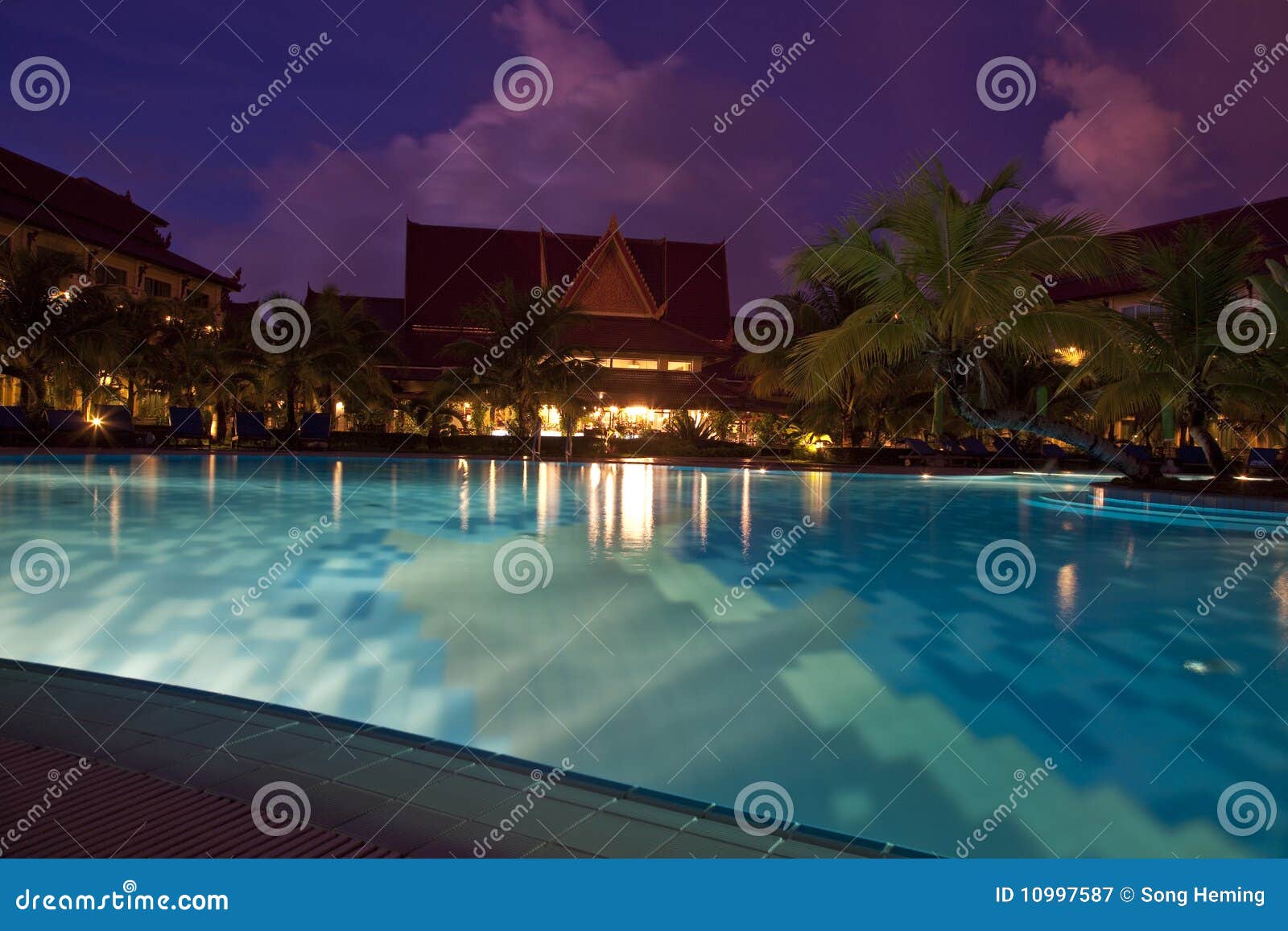 Night Scene in Hotel with Purple Sky Stock Image - Image of deck ...